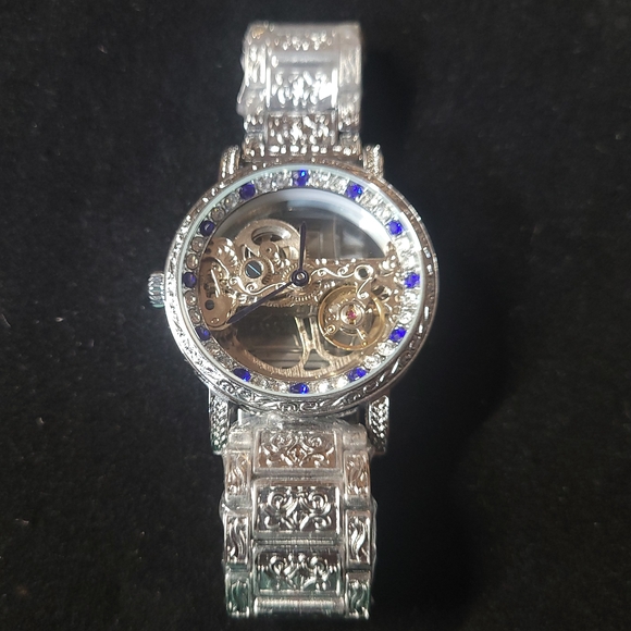 Accessories | Silver Skeleton Watch With Engraved Band And Blue Gem ...